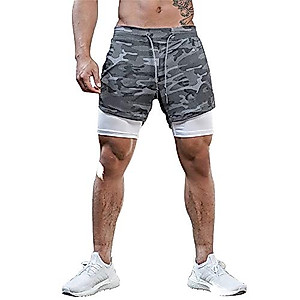 Surenow Mens Running Shorts，Workout Running Shorts for Men，2-in-1 Stealth Shorts， 7-Inch Gym Yoga Outdoor Sports Shorts Camouflage Grey