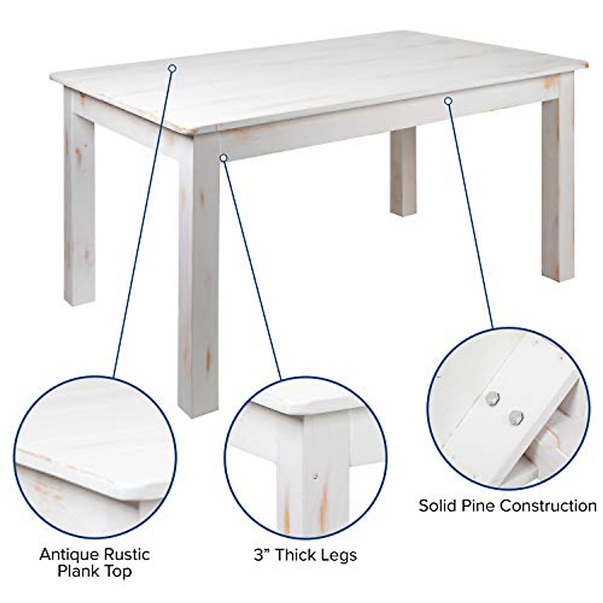 Merrick Lane Jessamine 60" x 38" Rectangular Antique Rustic White Solid Pine Farm Dining Table