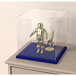 Clear Acrylic Display Box with Blue Velvet Base, Simple Self-Assembly Dustproof Showcase, Cube Countertop Box for Collectibles, Toys, Home Organization (8x8x8 inch)