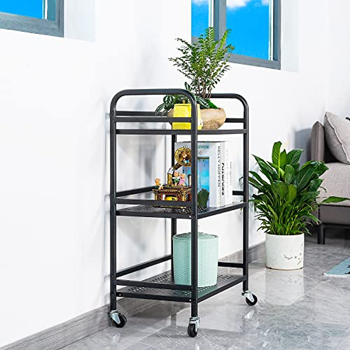 HDANI 3 Tier Rolling Cart,Heavy Duty Multifunctional Metal Frame-Supports 40 Lbs Per Tier,Rolling Cart with 2 Lockable Wheels for Office,Home,Bedroom,Kitchen,Bathroom (Black)