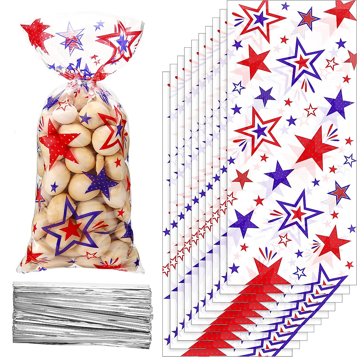 100 Pieces Patriotic Celllo Treat Bags Labor Day Goodie Bag Blue Red USA Star Candy Bag Independence Day 4th of July Cellophane Plastic Bag with 100 Silver Twist Tie for American Party Supplies Gift