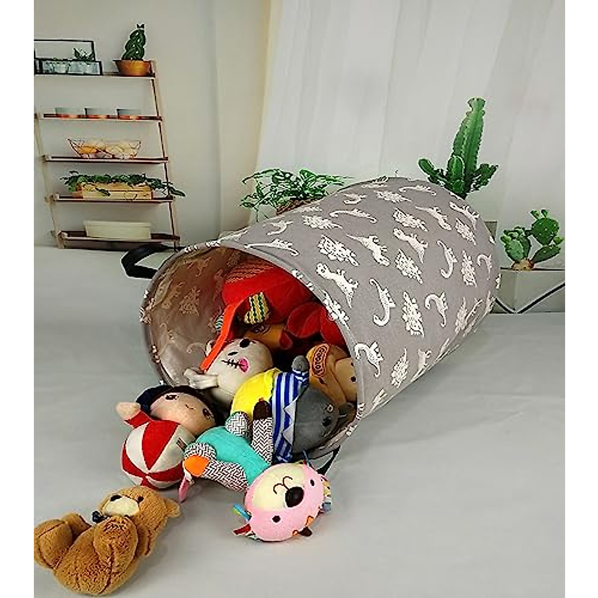 ACMUUNI Durable Canvas Large Clothes Basket Laundry Hamper with Handles,Waterproof Cotton Storage Organizer Perfect for Kids Boys Girls Toys Room, Bedroom, Nursery,Home,Gift Basket(Grey Dinosaur)