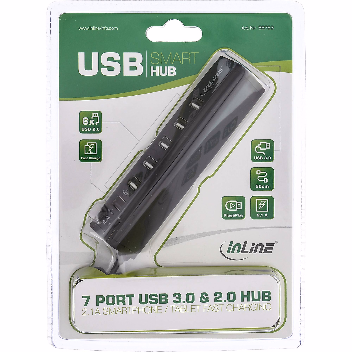 InLine 66763 Smart Hub, 7-Way USB 3.0/2.0 Hub with Quick Charge Port