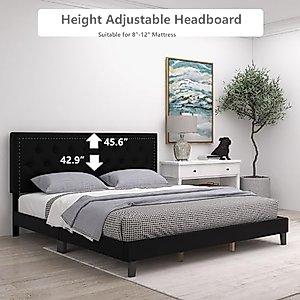 Homhougo Full Size Bed Frame with Adjustable Headboard, Upholstered Platform Bed with Button Tufted Faux Leather Headboard, Wood Slat Support, Noise-Free, No Box Spring Needed, Easy Assembly, Black