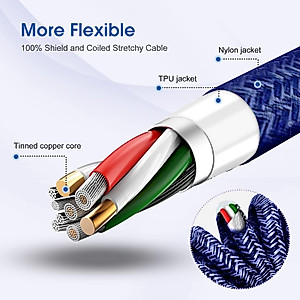 VODBOV Coiled USB-C to USB-C Cable 2ft to 8FT Fast Charging Cord Right Angle Braided 90 Degree Blue