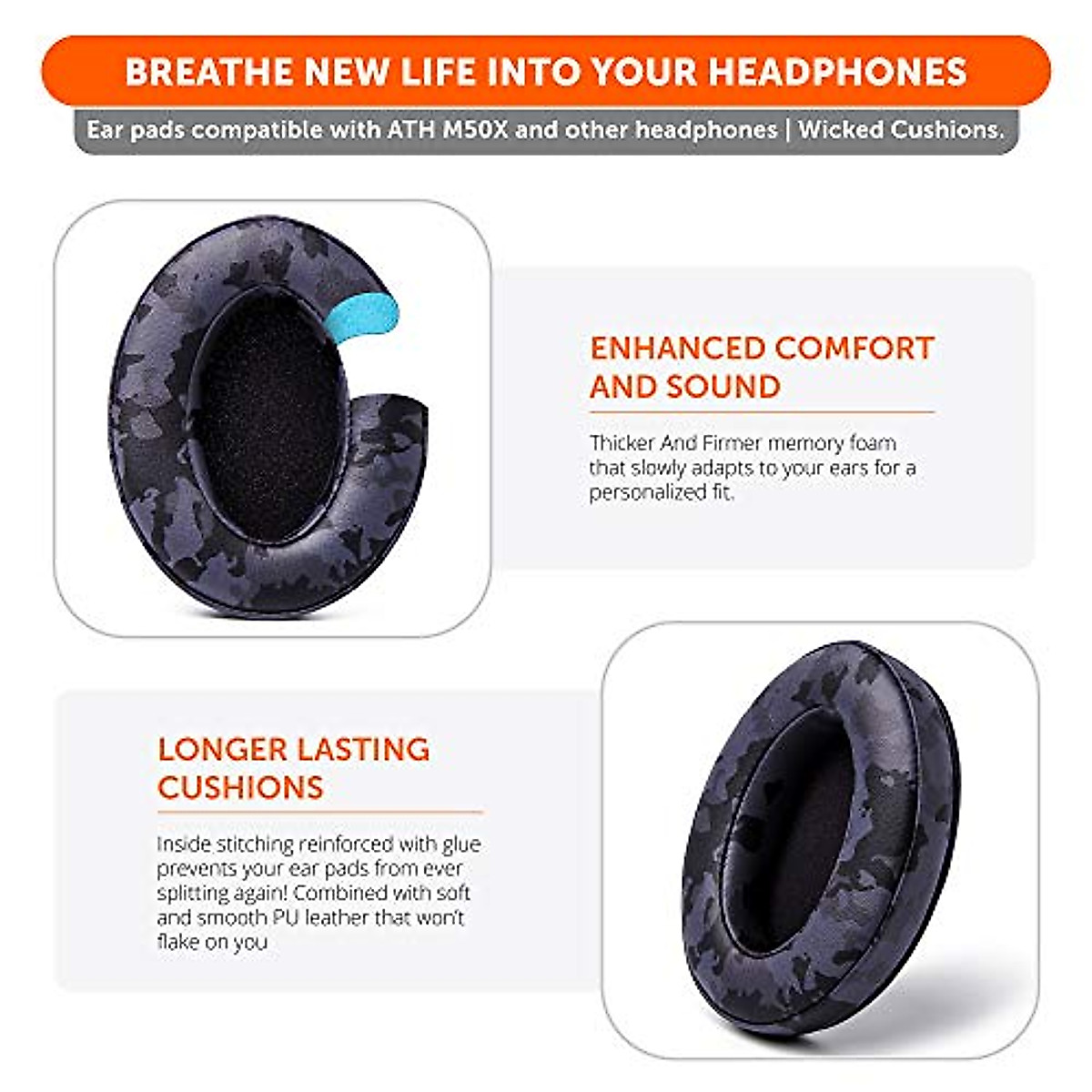 WC PadZ & BandZ Bundle - Replacement Earpads and Headband Cover for ATH M50X and M Series Headphones | Black Camo Pack