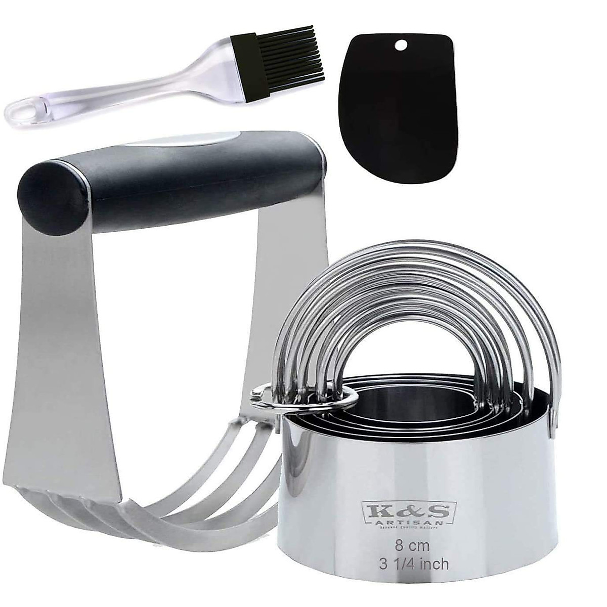 K&S Artisan Pastry Cutter Set Dough Blender + 5 Round Biscuit Cutter set with Stainless Steel Handle Heavy Duty Durable with Ergonomic Rubber Grip Professional QUALITY Baking Dough Tools