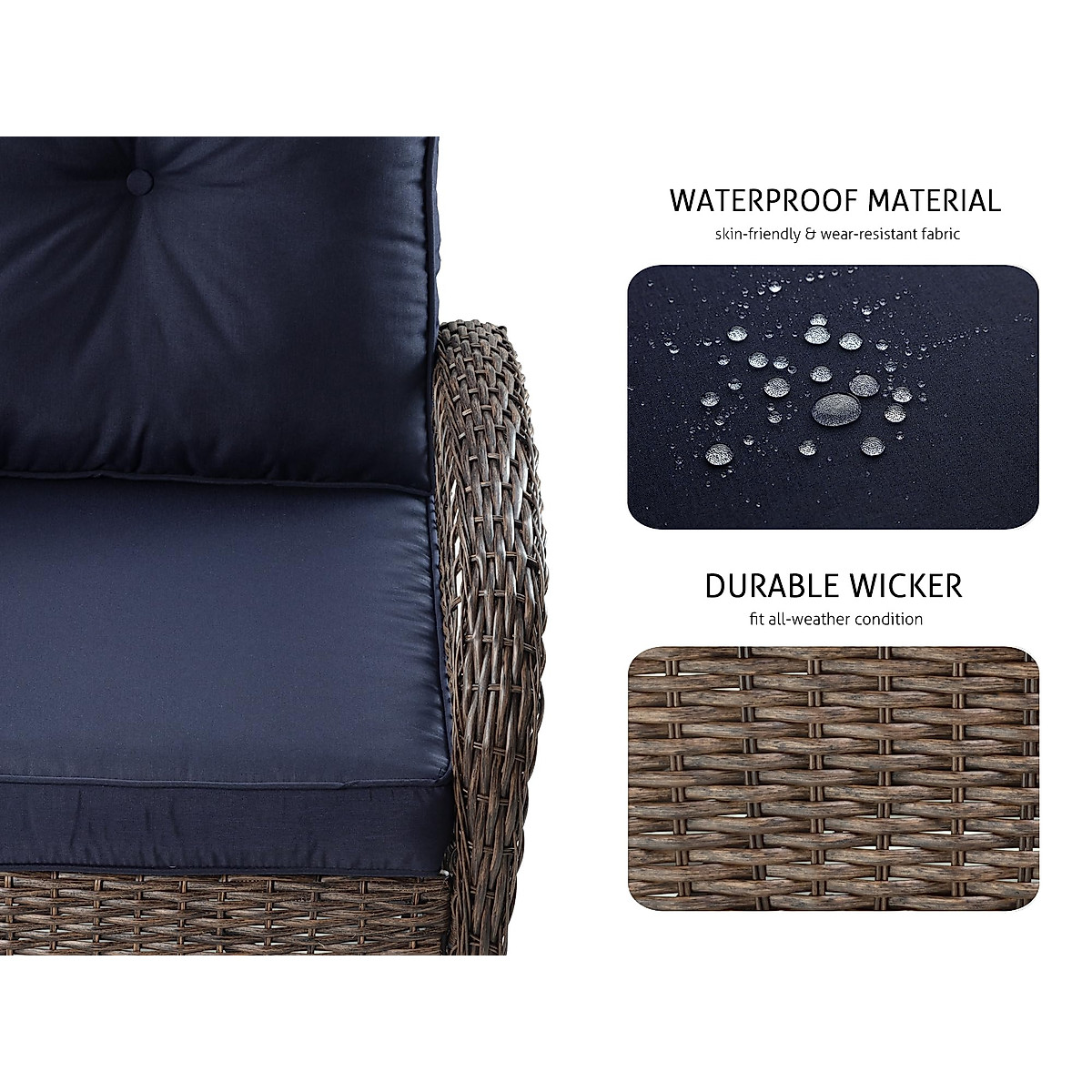 SHA CERLIN 3 Pieces Patio Furniture Set, Outdoor Swivel Glider Rocker, Wicker Patio Bistro Set with Rocking Chair, Cushions and Table (Blue)