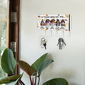 in This House We Key Holder Gnome Personalized Family Member Name Wall Mount Key Hooks Holder Farmhouse Harvest Thanksgiving Self Adhesive Key Hanger Organizer for Entryway Front Door 7x4 inch