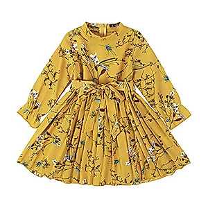 CM C&M WODRO Toddler Baby Girl Floral Dress Long Sleeve Mustard Yellow Dresses Flower Print Ruffle Playwear Fall Winter Dress(Yellow,5-6 Years)