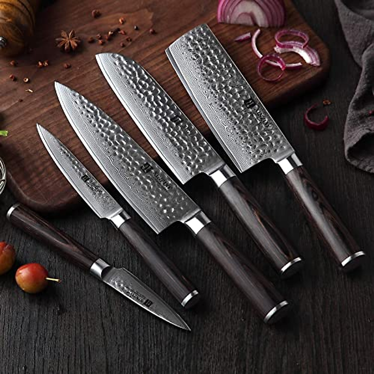 XINZUO 7PC Damascus Steel Kitchen Knife Set with Acacia Wood Block,Multifunctional Kitchen Scissors,Professional Sharp Chef Knife Forged Vegetable Knife with Pakkawood Handle- He Series