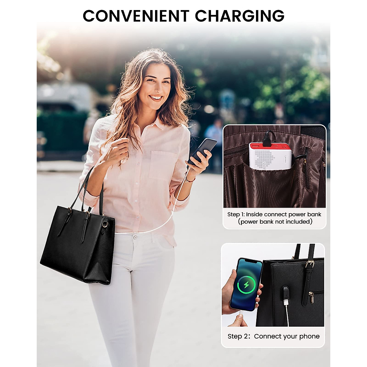 LOVEVOOK Laptop Tote Bag for Women, Large Briefcase for 15.6 Inch Computer Waterproof PU Leather Shoulder Bag with USB Charging Port, Business Office Work Shoulder Handbag Purse 2Pcs Set, Black