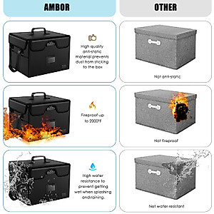 AMBOR File Box with Lock, Fireproof Document Box with 5 Tabs, Collapsible File Organizer with Handle for Letter & Legal Size Folder/Certifications/Books/Toys Storage, Black