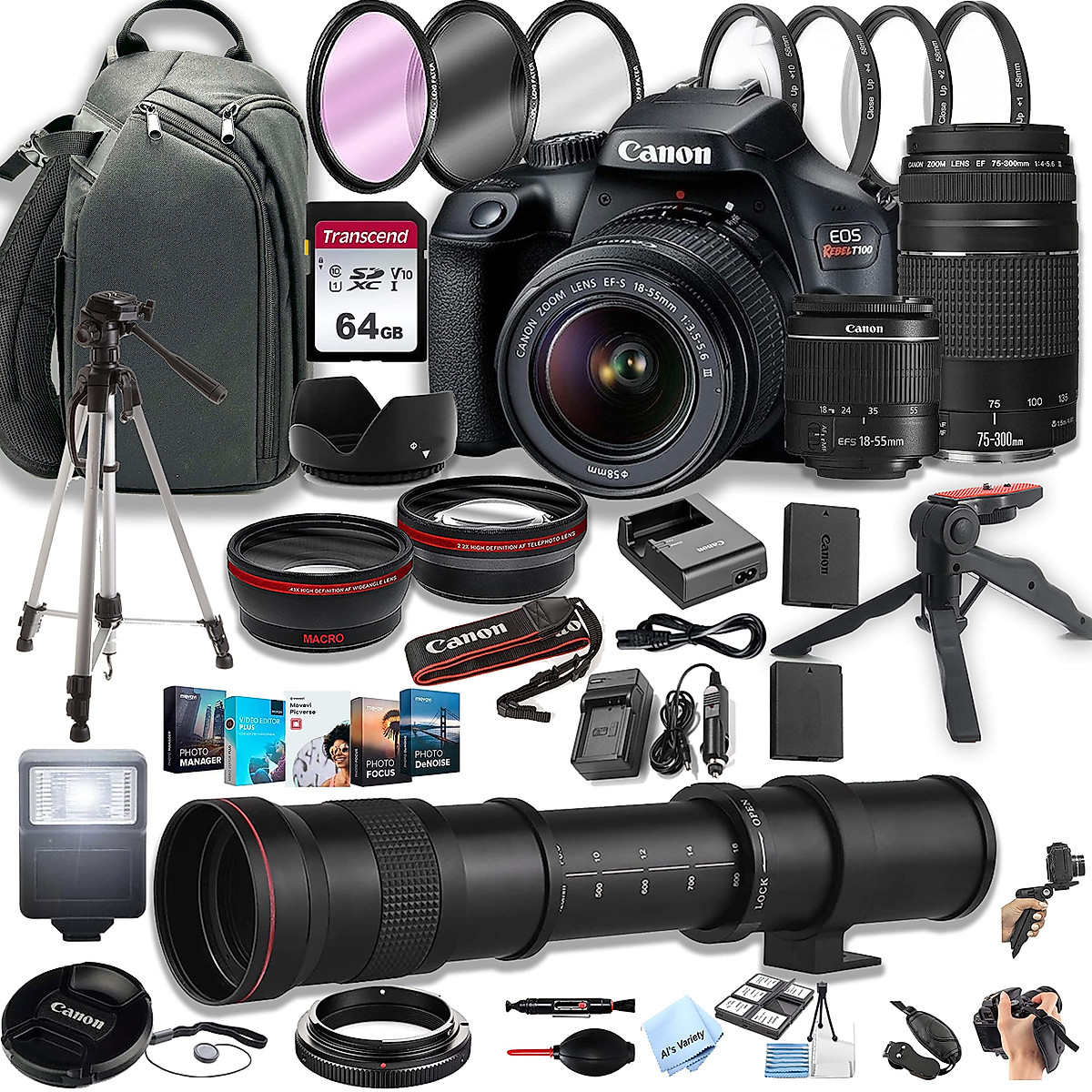 Canon EOS Rebel T100 DSLR Camera w/EF-S 18-55mm F/3.5-5.6 Zoom Lens + 75-300mm F/4-5.6 III Lens + 420-800mm Super Telephoto Lens + 64GB Memory Cards, Professional Photo Bundle (44pc Bundle)