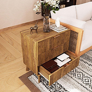 Mid-Century 3 Drawers Bedside Table Cabinet, Modern Nightstand with 3 Drawer and Solid Wood Legs, Contemporary 3-Drawer Nightstand, Mid Century Nightstand with 3 Storage Drawer for Bedroom (Walnut)