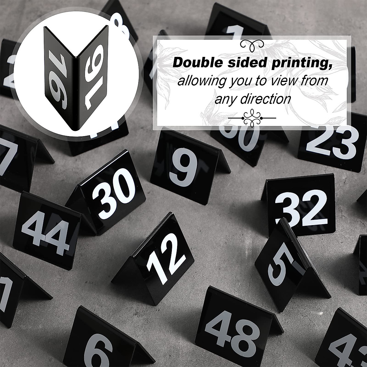 Tuanse Table Numbers 1-50 Acrylic Double Side Numbered Table Tents Restaurant Wedding Table Number Table Tent Numbers Cards Signs for Banquets Party Wedding Reception Plastic Table Numbers (Black)