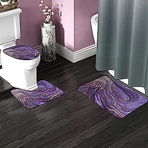 WONDERTIFY Marble Ripple Bathroom Antiskid Pad Violet Marbling Texture 3 Pieces Bathroom Rugs Set, Bath Mat+Contour+Toilet Lid Cover Purple Gold Glitter Powder Silver