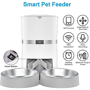 Automatic Cat Feeder, Smart Pet Food Dispenser with APP Control ,WiFi Enabled Automatic Feeder for Dogs, Cats & Small Pets, Double Stainless Steel Bowls,6 Meals Portion Control and Voice Recording