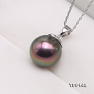 JYX Pearl 18K White Gold Pendant Necklace AAA 12mm Round Peacock Green Tahitian Pearl Pendant Necklace for Womens