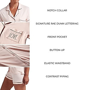 Rae Dunn Women's Pink LOVE Short Sleeve Button Up Notch Collar Shirt with Pocket and Shorts Pajama Set, Small