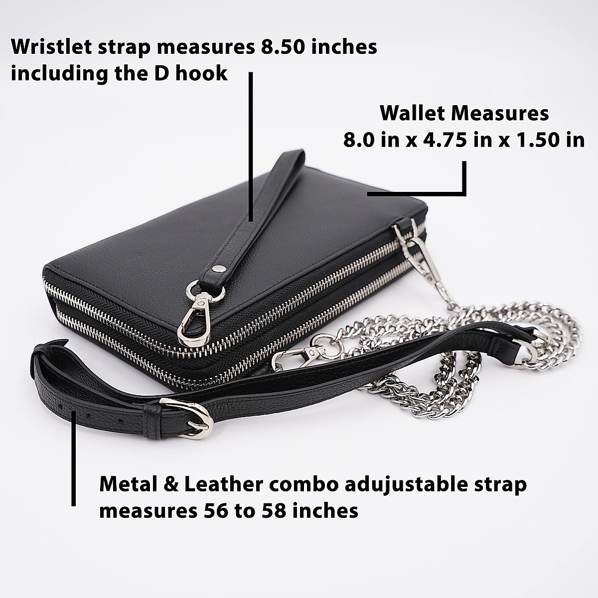 AG Wallets Women's Double Zipper RFID Leather Wristlet Wallet (Black Wax Finish)