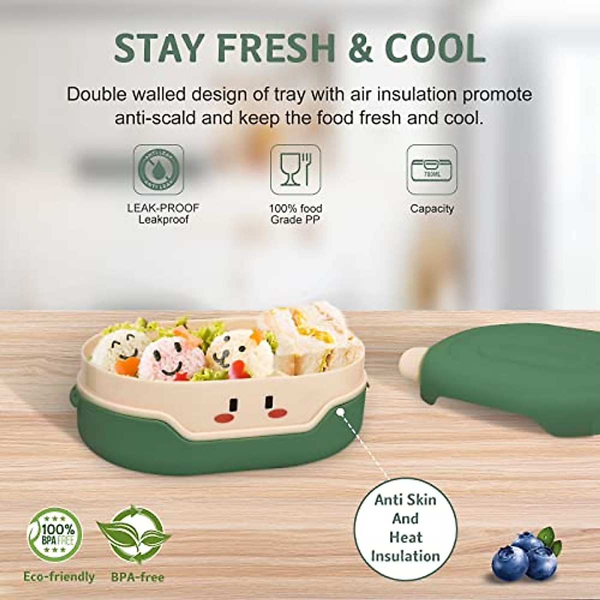 BoofWate Bento Lunch Box, Green, Leakproof, Portable, Microwave Safe, 3-13 Years