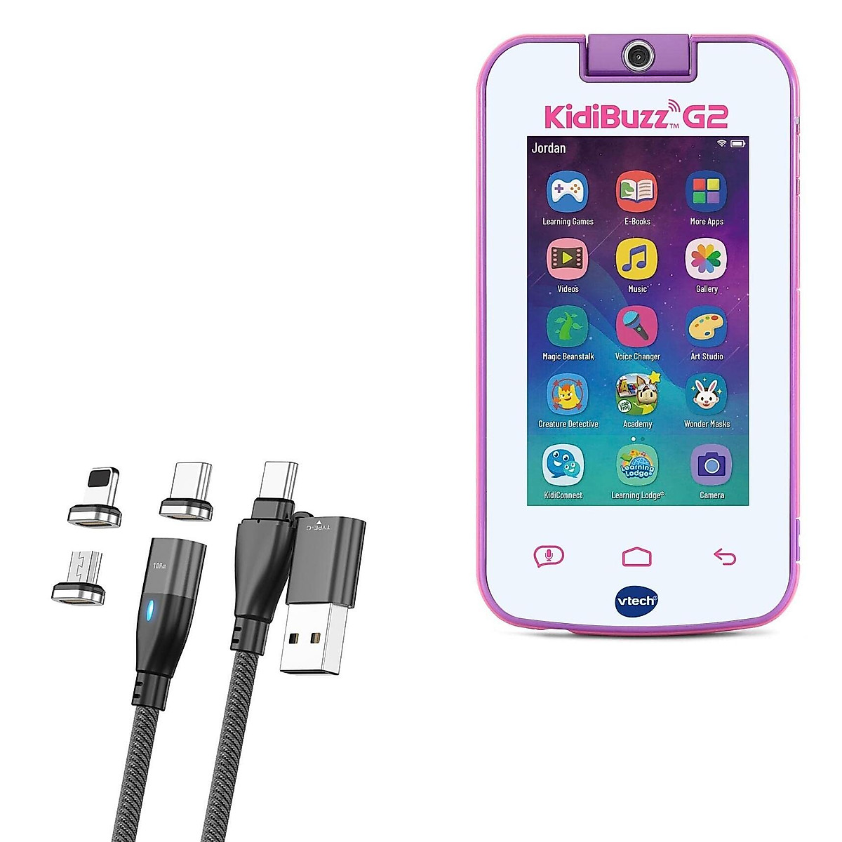 BoxWave Cable Compatible with VTech KidiBuzz G2 - MagnetoSnap PD AllCharge Cable (100W), Magnet PD 100W Charging Cable USB Type-C Micro USB for VTech KidiBuzz G2 - Jet Black