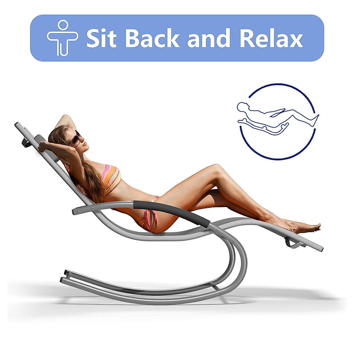 VORTEXTOVE Outdoor Chaise Lounge Chairs Set of 3,Iron Patio Rocking Chair Set, Including Patio Lawn Rockers with Coffee Table and Headrests, Suitable for Yard, Patio, Deck, and Backyard. (Gray)