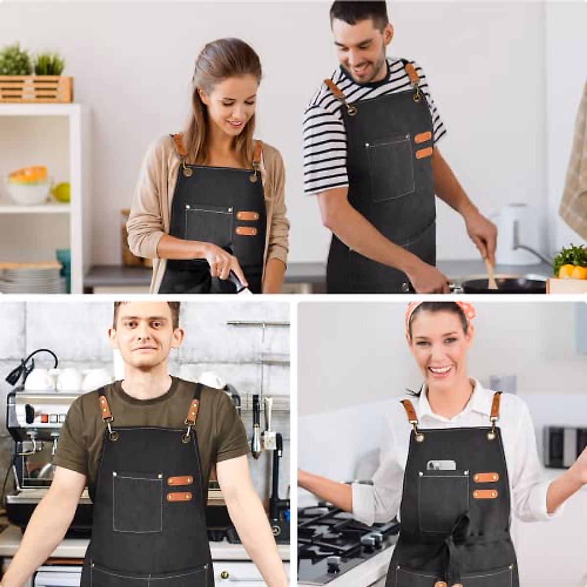 OUNLEN Chef Apron for Men Women Canvas Aprons with 3 Pockets Cross Back Resistant Work Apron for Cooking Grilling Baking BBQ Barber Kitchen (Black)