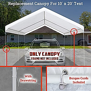 BenefitUSA Muli-ti Size Carport Replacement Canopy Garage Top Tarp Shelter Cover w Ball Bungee Cords, Canopy Onl with Edge (10'x20')
