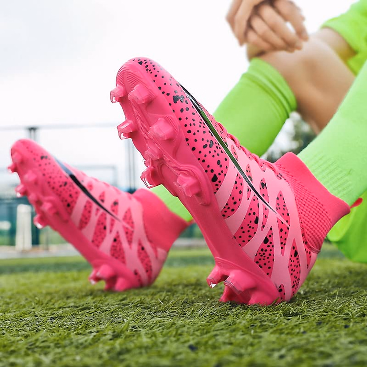 DHOVOR Men's Women's Football Boots FG Football Shoes Unisex Adult Athletics Football Trainers Football Cleats Teenagers Soccer Shoes Rose Red