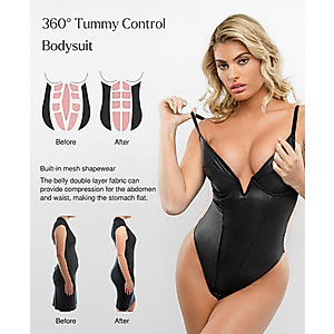 Popilush Faux Leather Deep V Bodysuits for Women Tummy Control Shapewear Bodysuit Thong Body Suits Sleeveless Sculpting Body Shaper Black Leotard