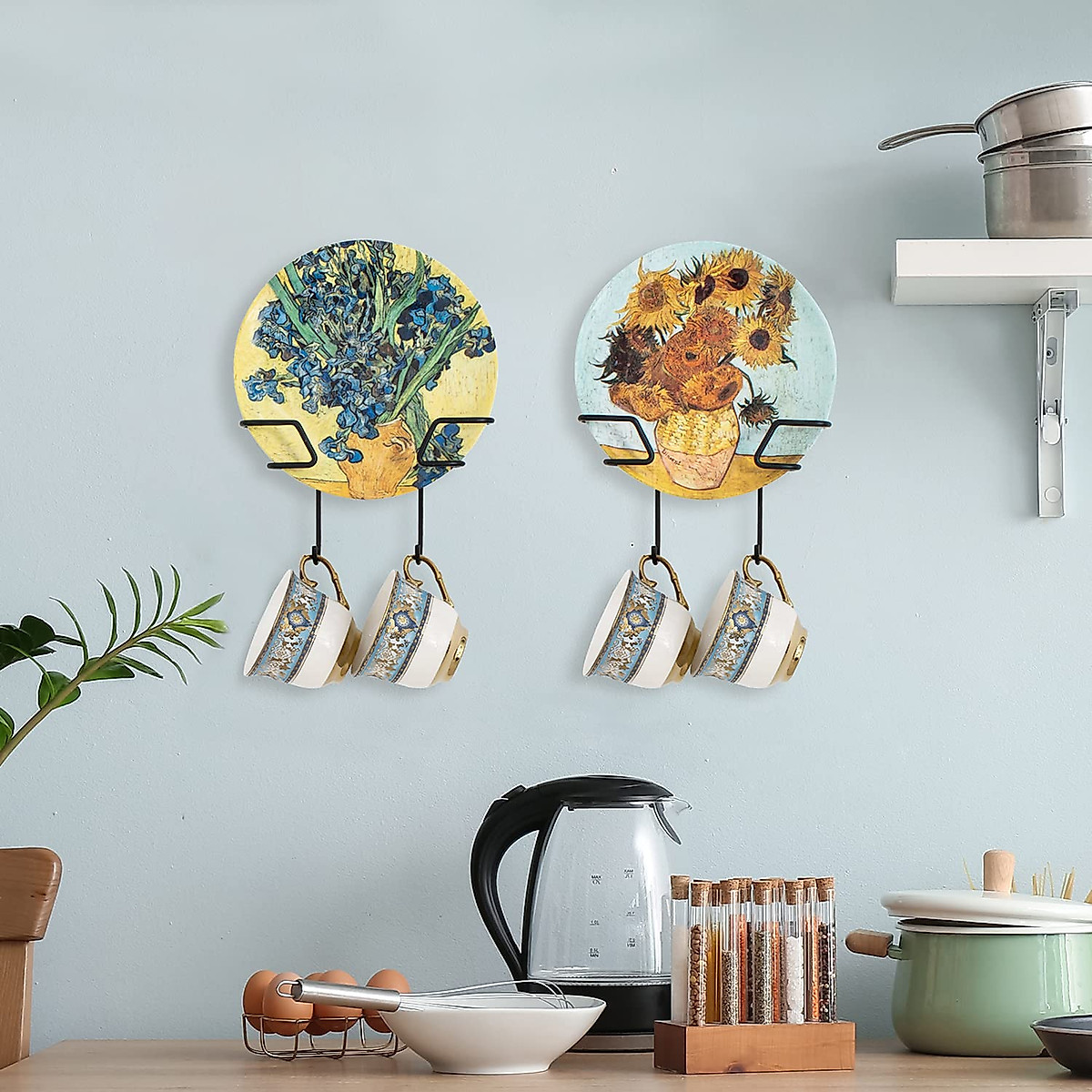 MyGift Wall Mounted Matte Black Metal Plate Display Rack with Hanging Hooks for Teacups and Mugs, Decorative Plate Holder Stand with Cup Hooks, Set of 2