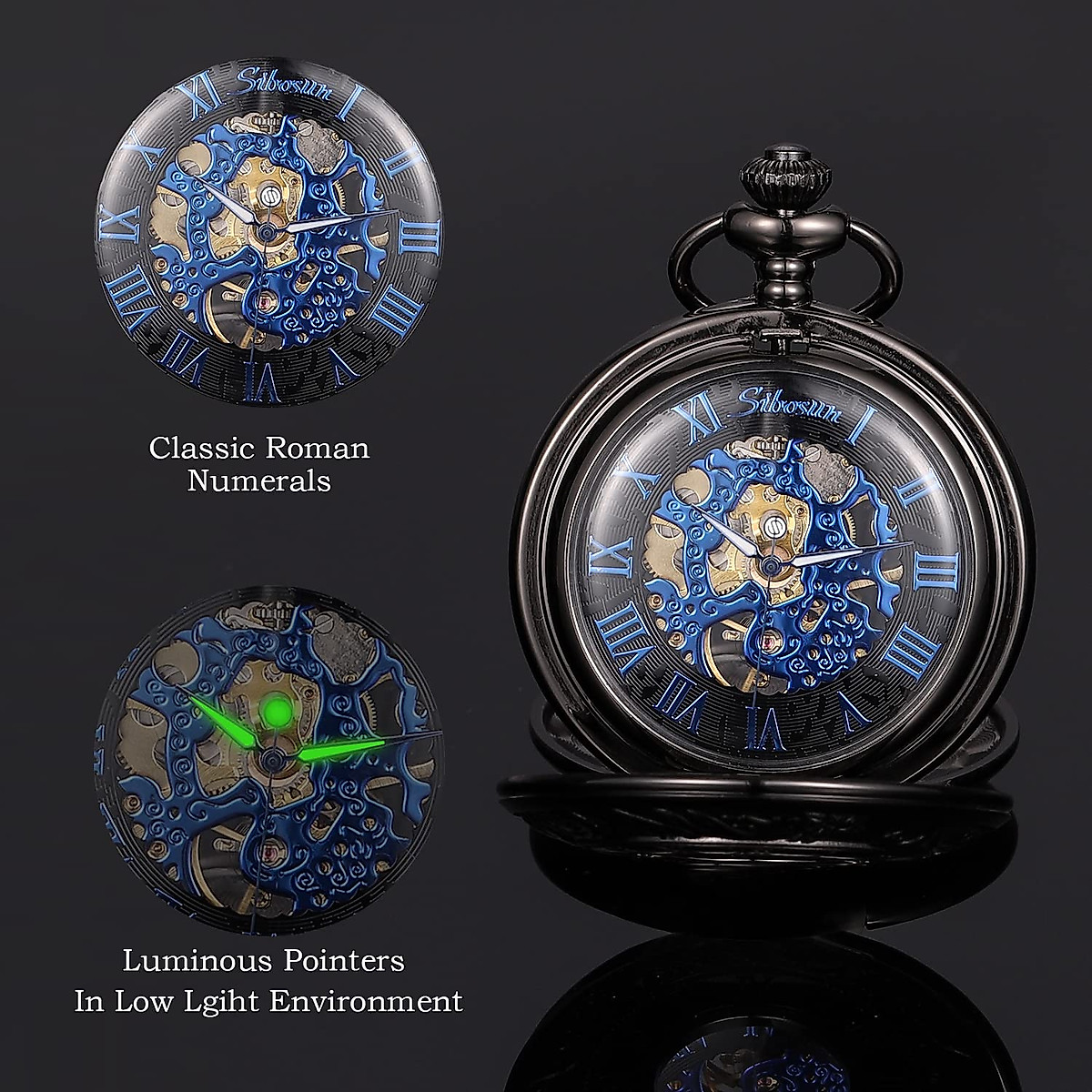 SIBOSUN Pocket Watch Men's Pocket Watches Mechanical Pocket Watch with Chain Roman Numerals Dial Skeleton Men Women - Gifts for Dad, Grandpa, Husband, Boyfriend