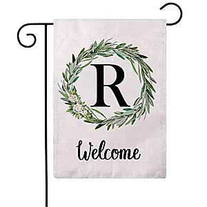 ULOVE LOVE YOURSELF Welcome Decorative Garden Flags with Letter R/Olive Wreath Double Sided House Yard Patio Outdoor Garden Flags Small Garden Flag 12.5×18 Inch