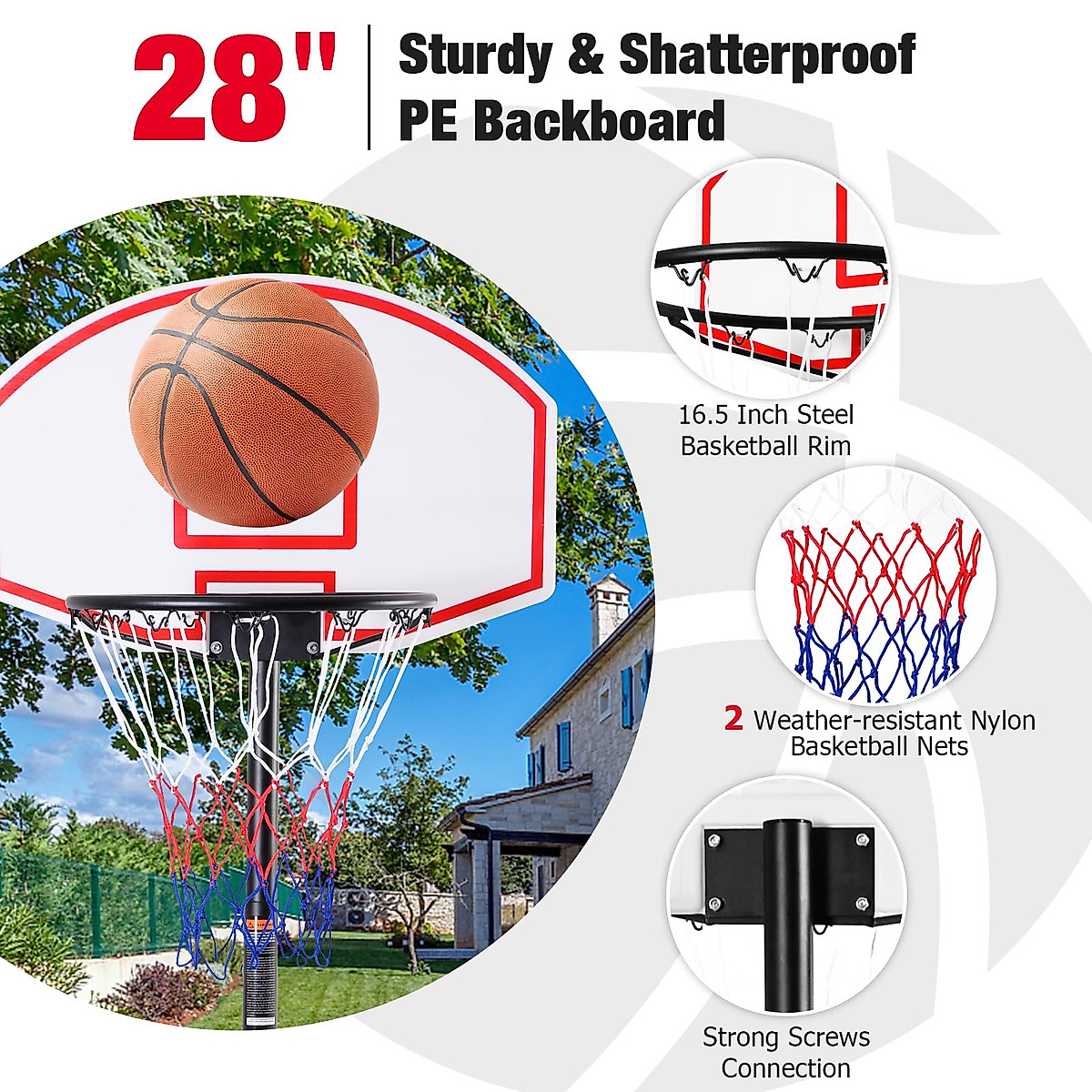Goplus Portable Basketball Hoop, 7.1FT-8.1FT Height Adjustable Basketball Goal System with 28" Shatterproof Backboard, 2 Nets,16.5" Rim, Wheels, Indoor Outdoor Basketball Stand for Kids Teens Adults