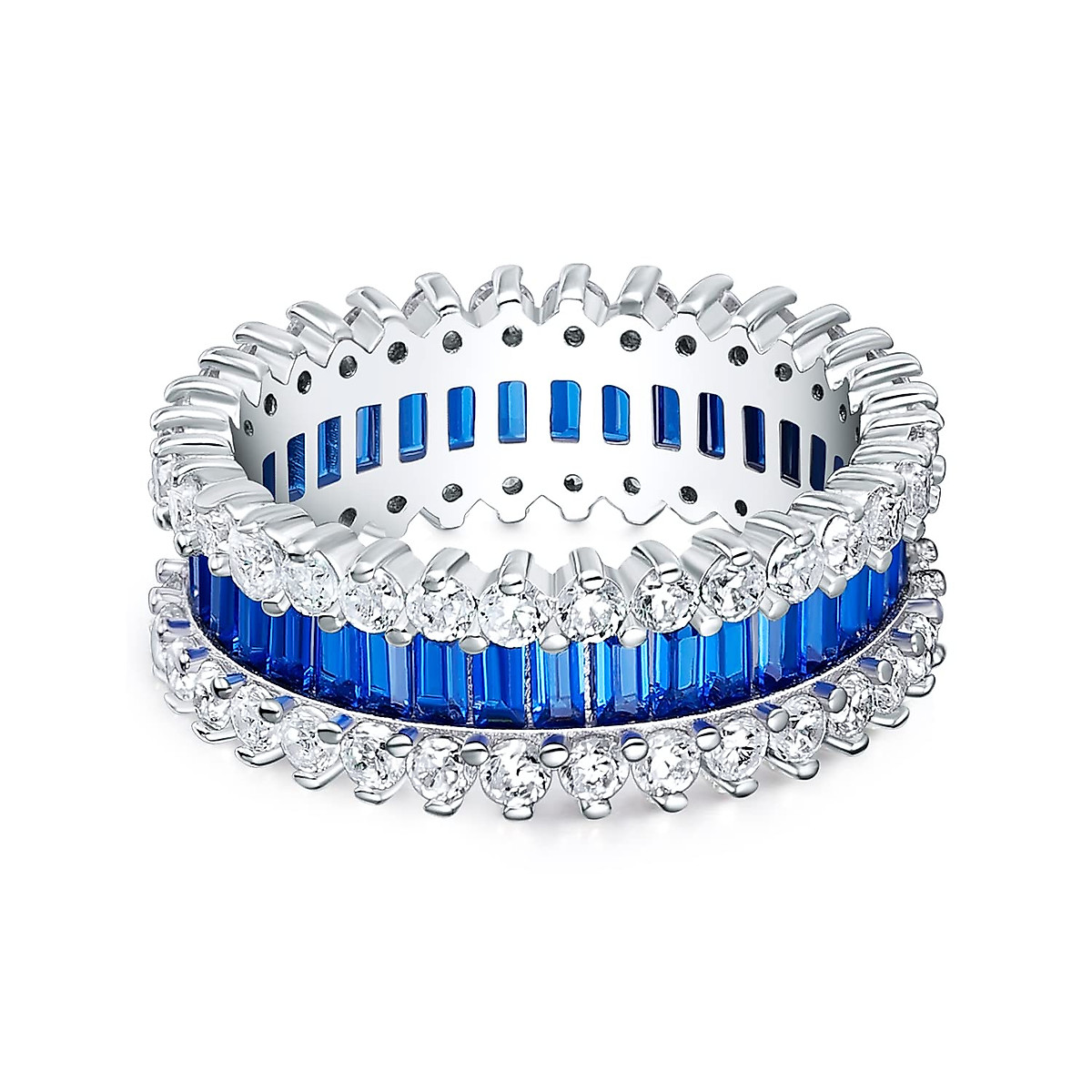 OPOMOMO Eternity Ring Wedding Bands, 18K White Gold Plated Sapphire Cubic Zirconia Rings Baguette Bands for Women Men 10