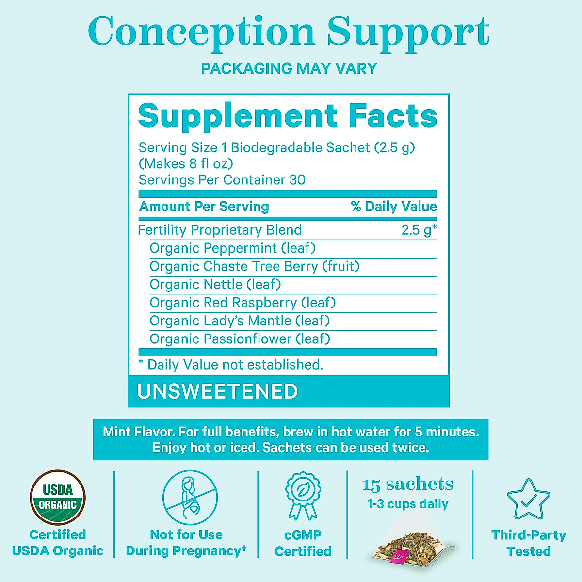 Pink Stork Fertility Tea for Conception and Hormone Balance with Organic Mint, Vitex, and Red Raspberry Leaf, Caffeine Free - Mint, 15 Sachets