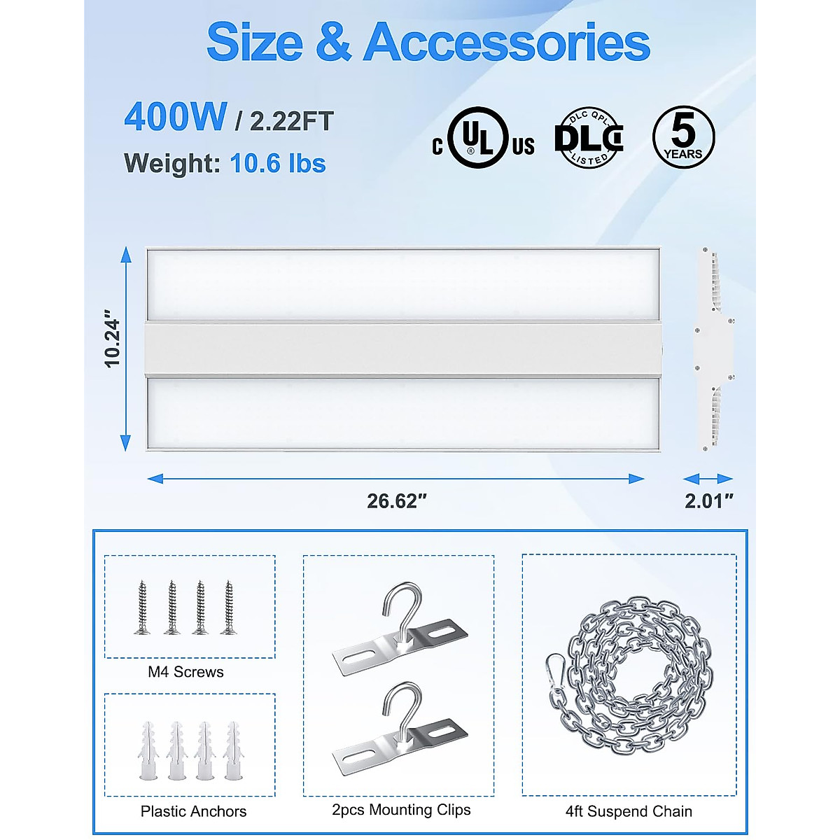 ADUB LED High Bay Light 240W 192W 144W, 1.63FT LED Warehouse Light 3000K 4000K 5000K, 36000LM, 400W LED High Bay Shop Light, 2.2 FT UL Listed LED High Bay Light 0-10V Dimmable