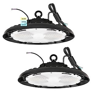 LUXRITE 200/220/240W UFO High Bay LED Shop Lights, Up to 36000 Lumens, 3CCT 3500K-5000K, 5FT Hardwire Cable, Surge Protected, IP65, 120-277V, UL - Warehouse Gym Factory Commercial Lighting 2-Pack