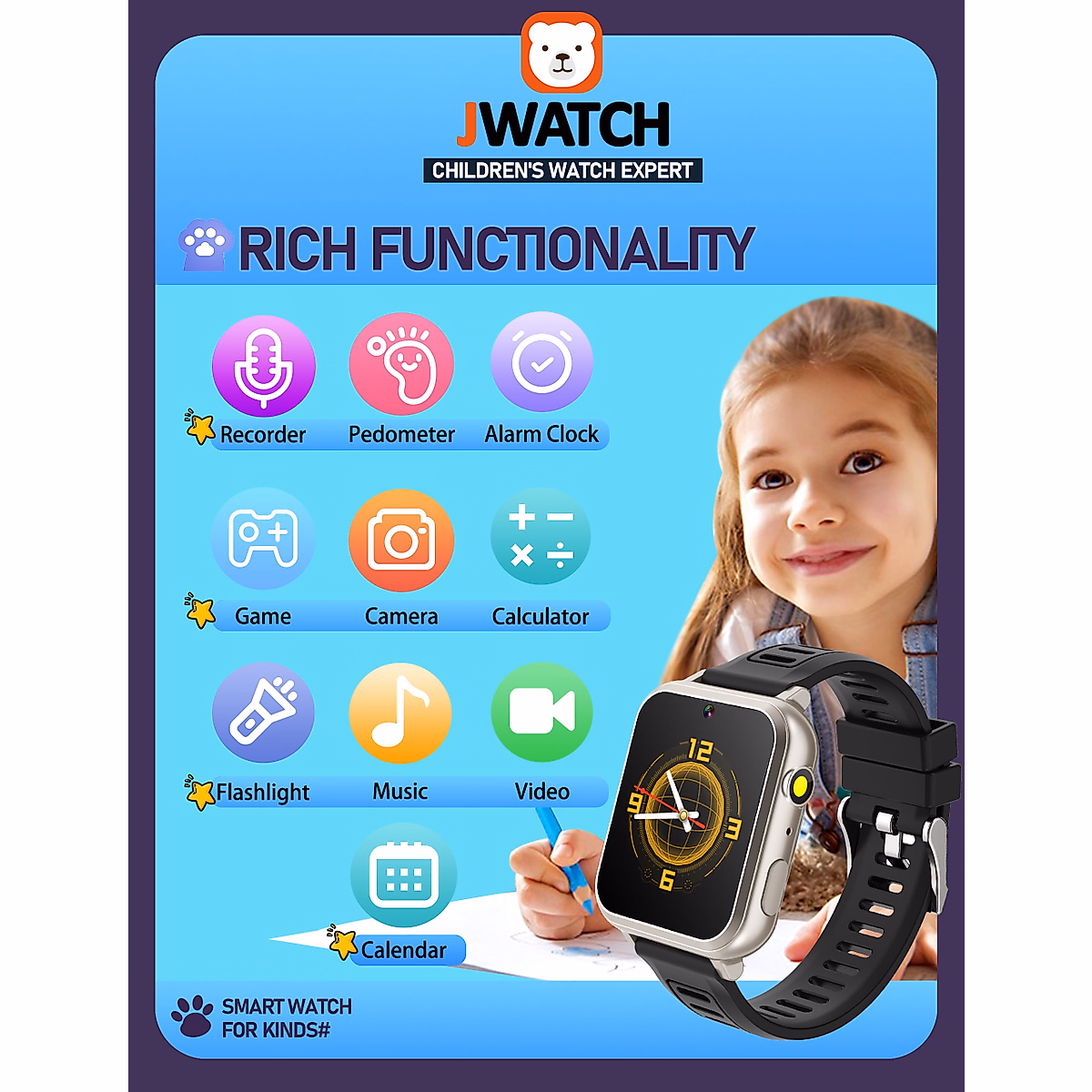 Jwatch Kids Smart Watch for Boys Girls 6-12 with Pedometer Audio Book Camera Music Player Present Birthday Christmas (Silver Frame Black)…