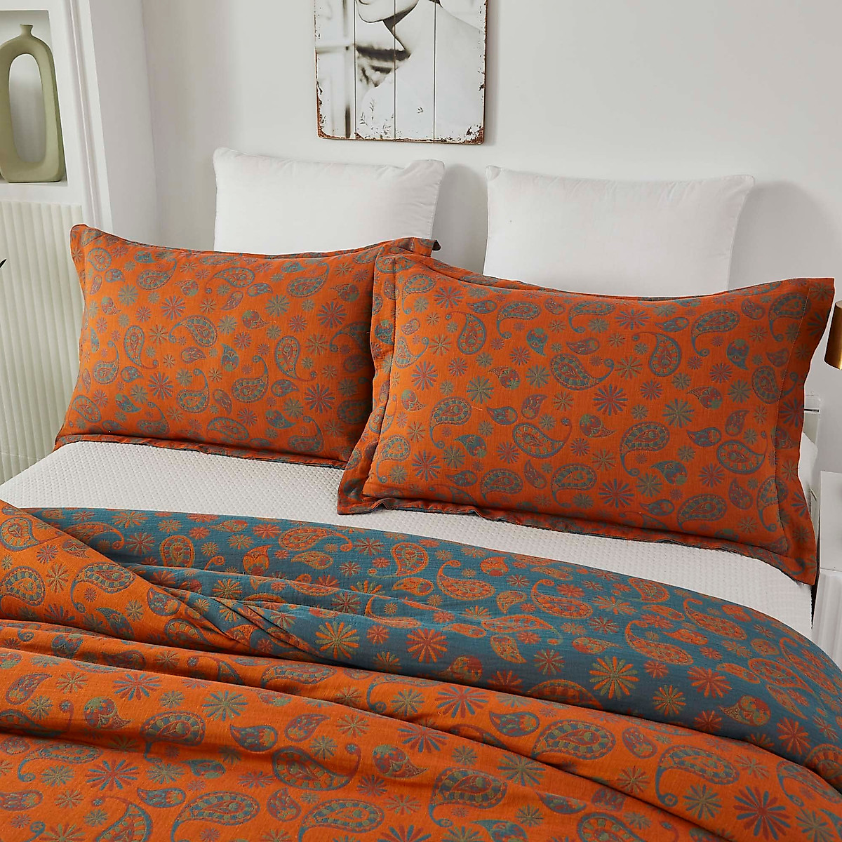 Softta Vintage Paisley Pattern Bedding Set Queen Size 3Pcs Duvet Cover Set 100% Washed Cotton Double-Layer Yarn Washed Cotton Bedding Collection Blue & Orange