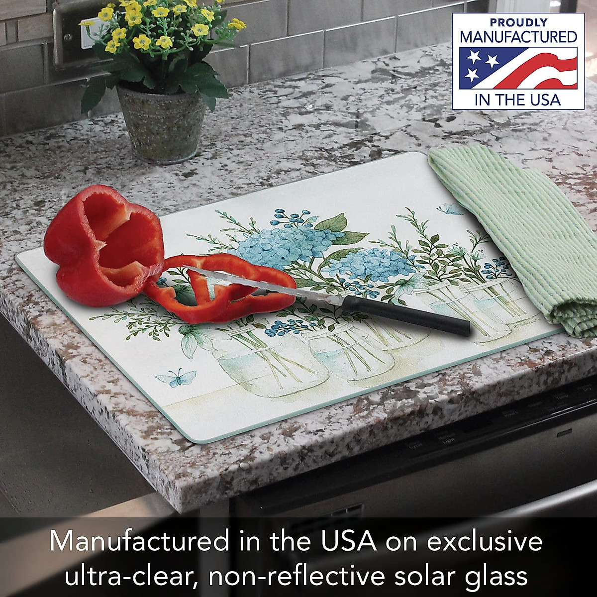 CounterArt Mason Jars & Florals 3mm Heat Tolerant Tempered Glass Cutting Board 15” x 12” Manufactured in the USA Dishwasher Safe
