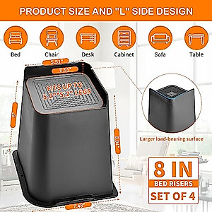 shouwuhho Bed Risers 8 Inch Heavy Duty, Furniture Risers with Durable Plastic, Oversized Bed Lifts Risers Support up to 5,000 LBS for Bed Frame, Tables, Couches, Sofa, 4 Pack, Black