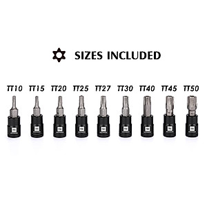 MIXPOWER 9 Pieces 1/4" Drive Torx Bit Socket Set, Tamper-Proof Torx Bit Sockets, CR-V Sockets & S2 Steel Bits, TT10 - TT50