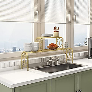 JEROAL Over Sink Organizer Shelf, 2 Tier Metal Kitchen Corner Rack, Bathroom Vanity Countertop Storage, Space Save Balcony Window Plant Shelf Riser with Scrollwork Design, Gold