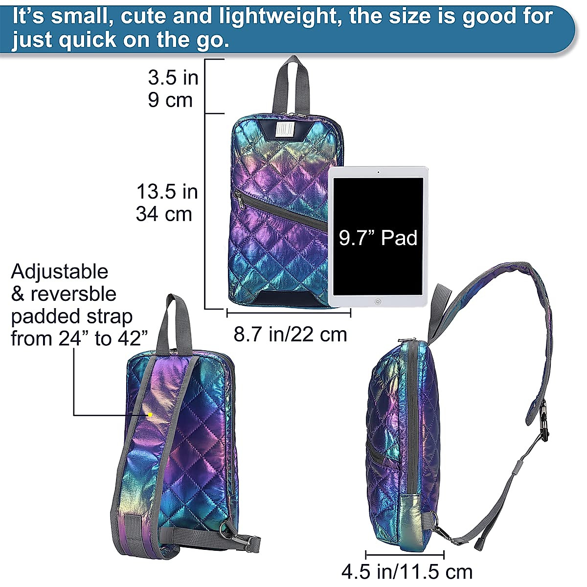 GBLQ PLUS Sling Bags, Iridescent Crossbody Shoulder Puffer Backpack for Women Men Kids, Travel Hiking Small Chest Daypack (Metallic Blue)