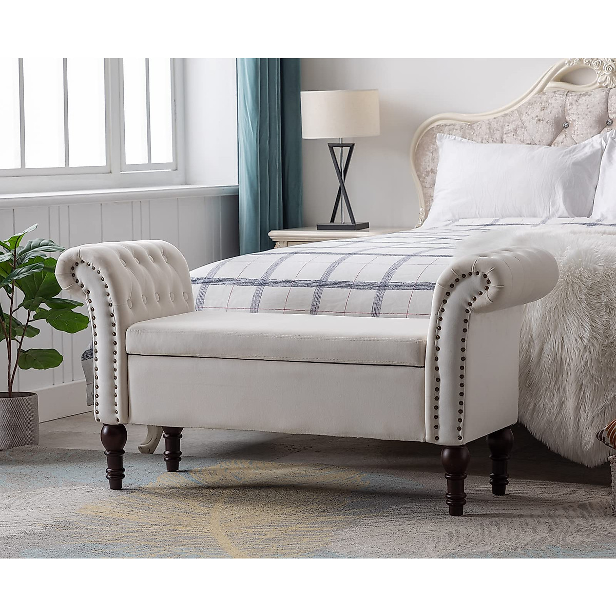 QUINJAY Velvet Tufted Upholstered Storage Bench, Cream, 33.5 in L x 16.5 in W x 26 in H