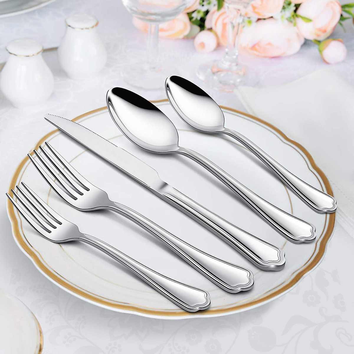 20-Piece Silverware Set, E-far Stainless Steel Flatware Cutlery Set Service for 4, Metal Tableware Eating Utensil Set, Dinner Knives/Forks/Spoons, Scalloped Edge & Mirror Polished - Dishwasher Safe