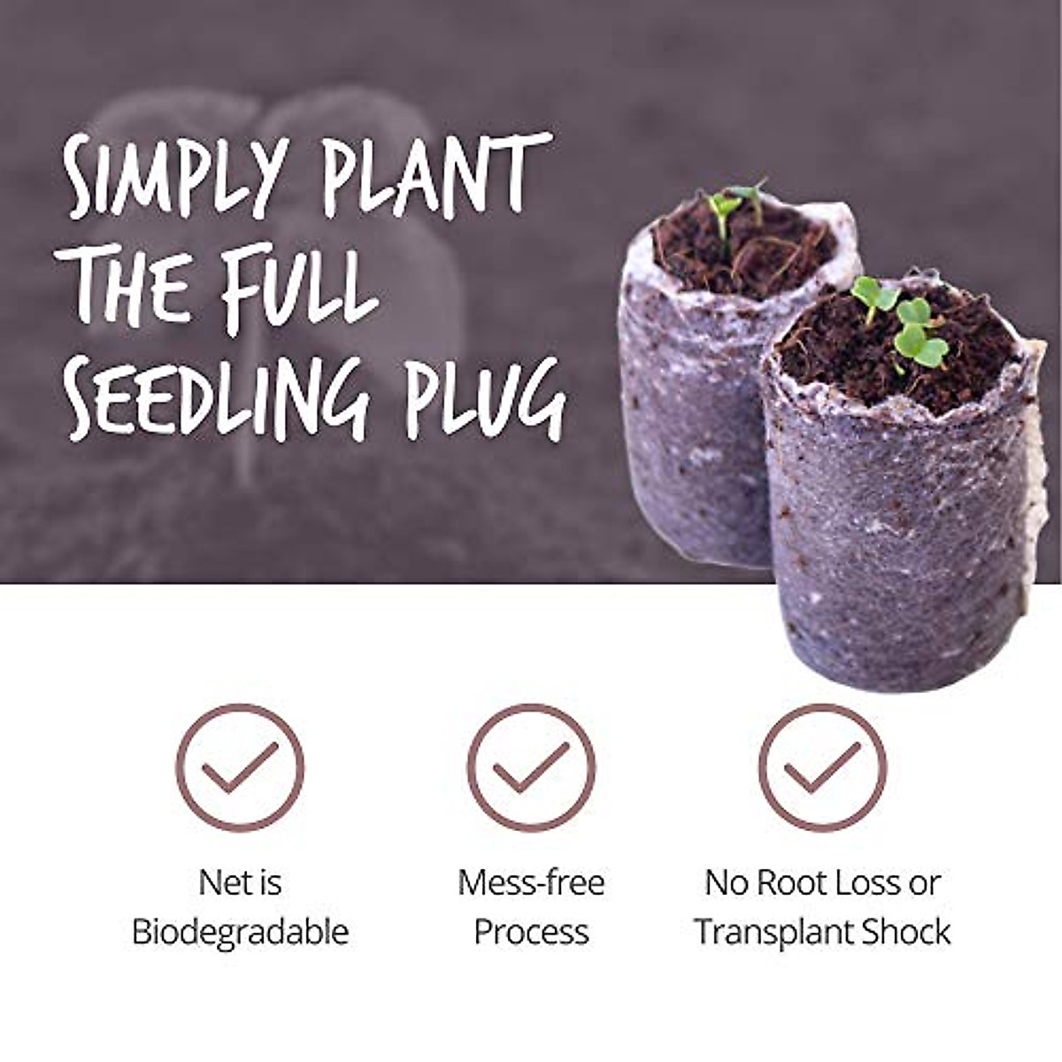 Pure Coconut Coir Netted Seed Starting Pellets - 42mm - Pack of 100 - Sustainable, Renewable, Unamended - Superior to Peat Plugs - High Water Holding - Minimize Root Loss & Transplant Shock